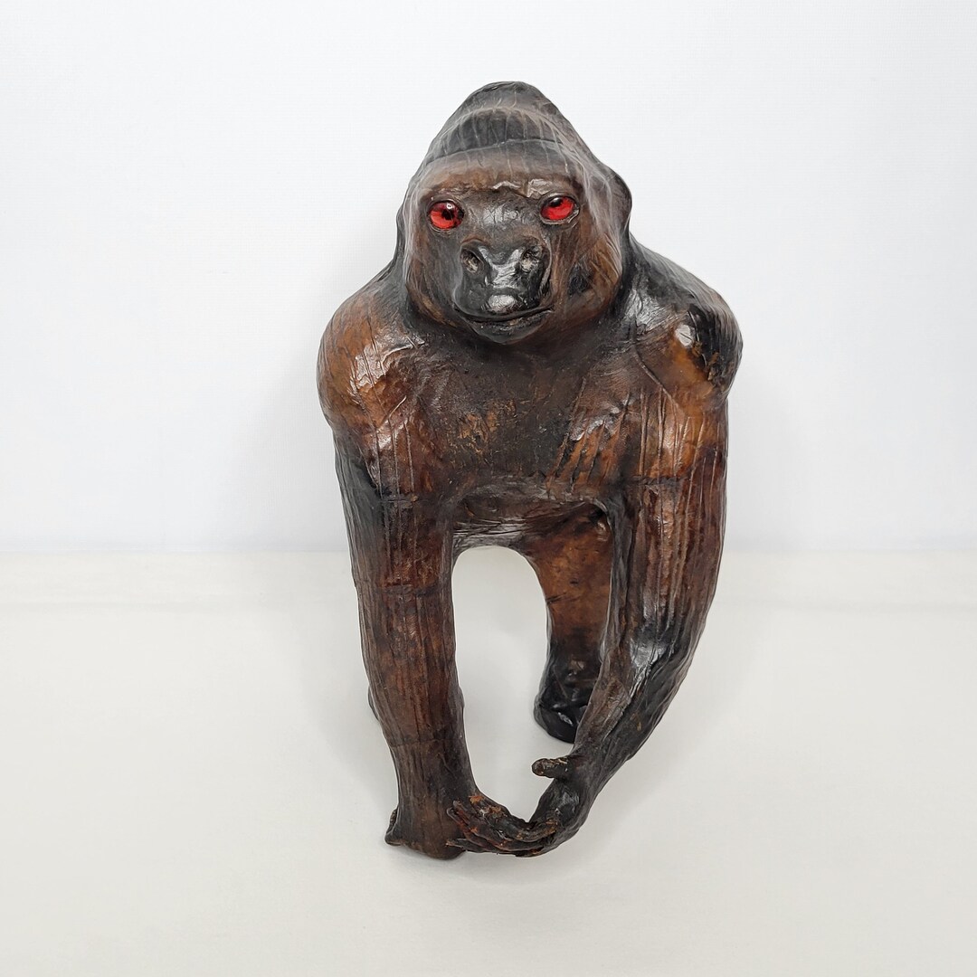 Vintage Brown Leather Wrapped Red Glass Eyed Gorilla Figure Sculpture ...