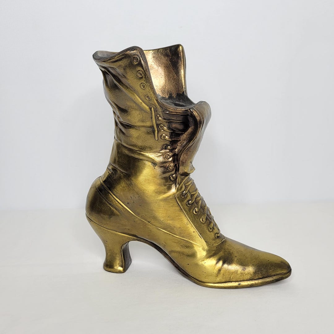 Vintage Solid Brass Victorian Heeled 9 1/2" Ankle Boot Bud Vase Planter ...