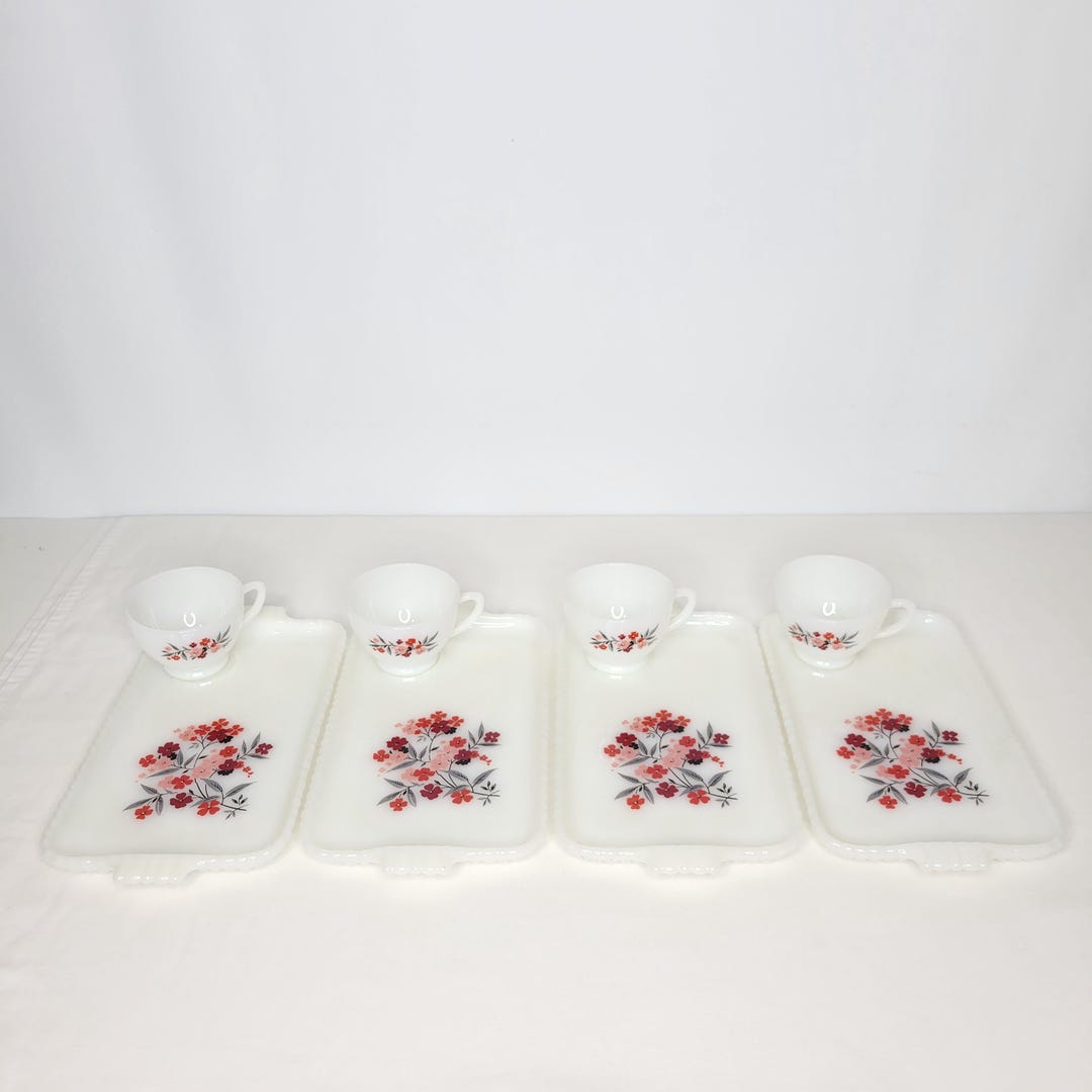 Set of 4 Vintage Fire King Primrose Floral Milk Glass Snack Plate and ...
