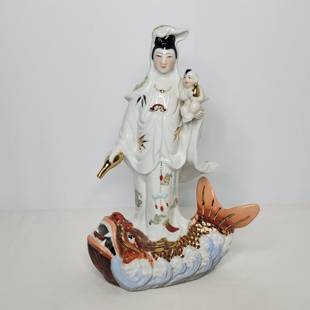 Vintage Chinese Porcelain Guanyin Kwan Yin Riding Dragon Fish Holding ...