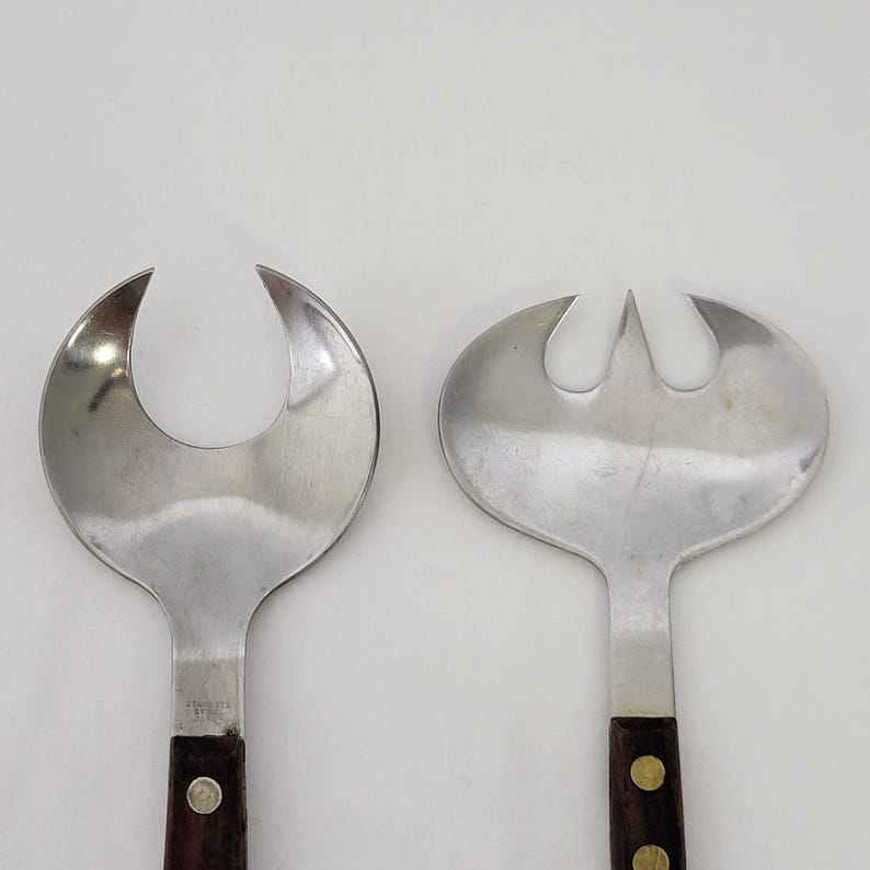 3 Piece Vintage MCM Nevco Salad Serving Set Spoons Stainless Wood ...
