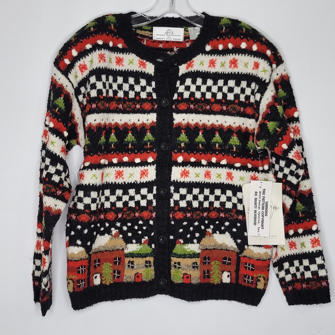 Design Options Small Knitted Black Long Sleeve Cardigan Christmas Trees ...
