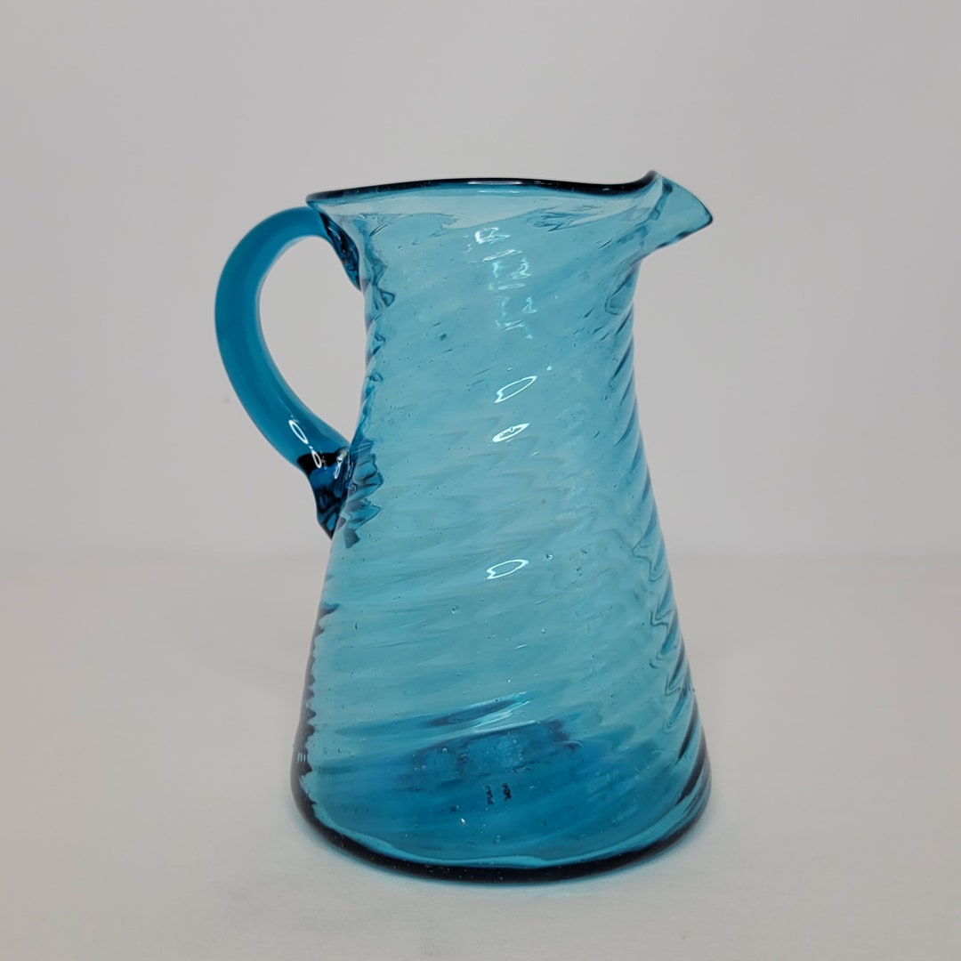 Vintage Blue Swirled Hand Blown Art Glass Mini Pitcher Applied Handle 3 ...