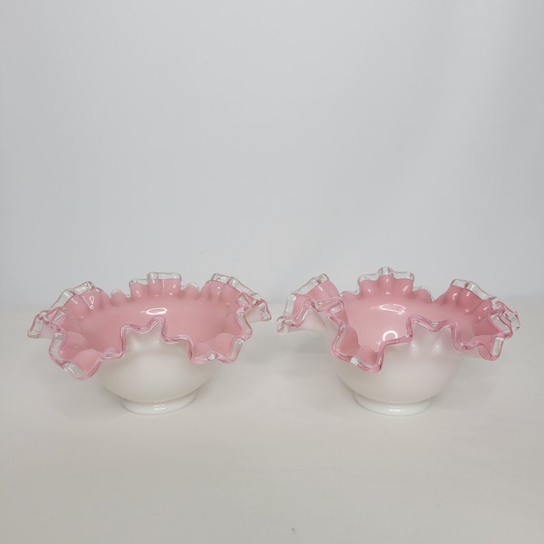 Pair of Vintage Fenton Pink White Cased Glass Ruffled Dish Bowls Peach ...