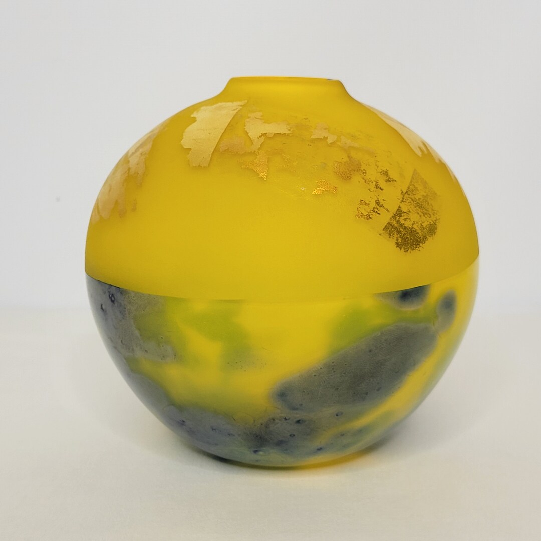 Abstract Art Glass Yellow Gold Blue Round Hand Blown Vase Glossy Matte ...