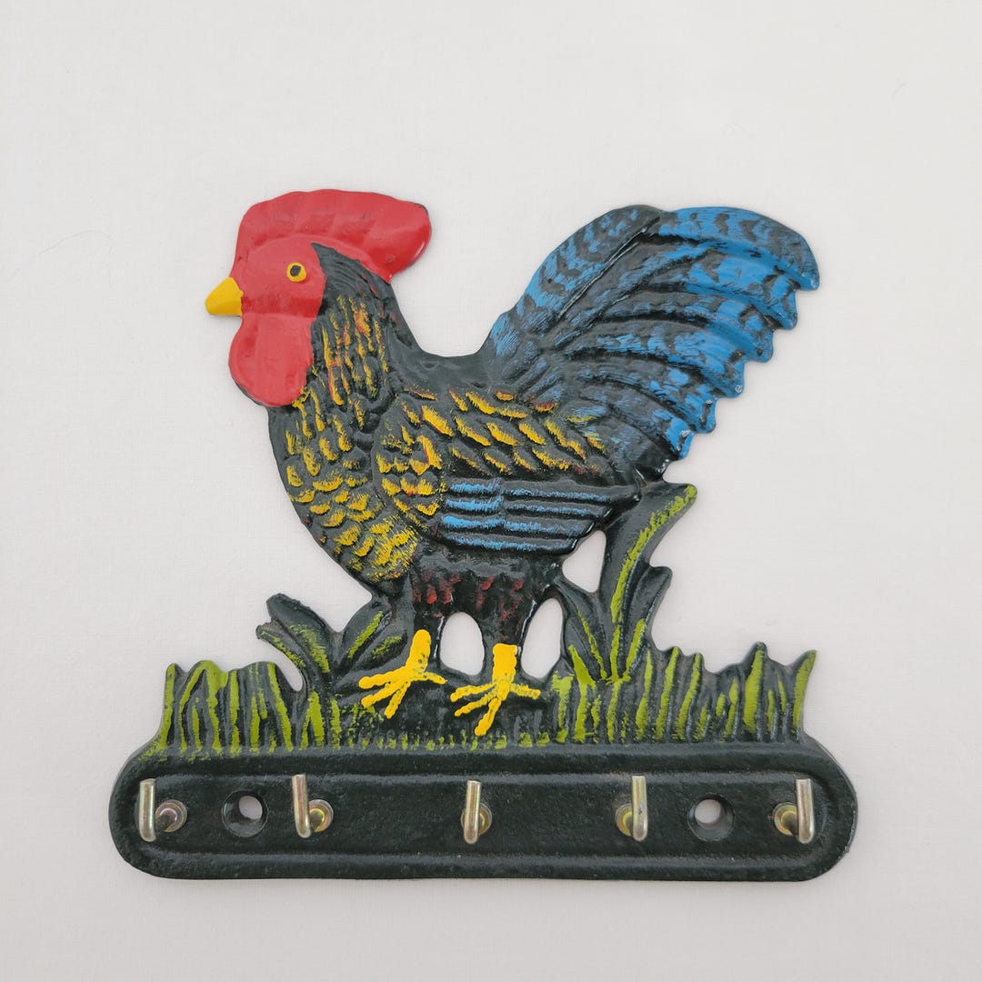 Rooster Chicken Cast Iron 5 Hook Wall Hanging Key Hanger Rack Farm ...