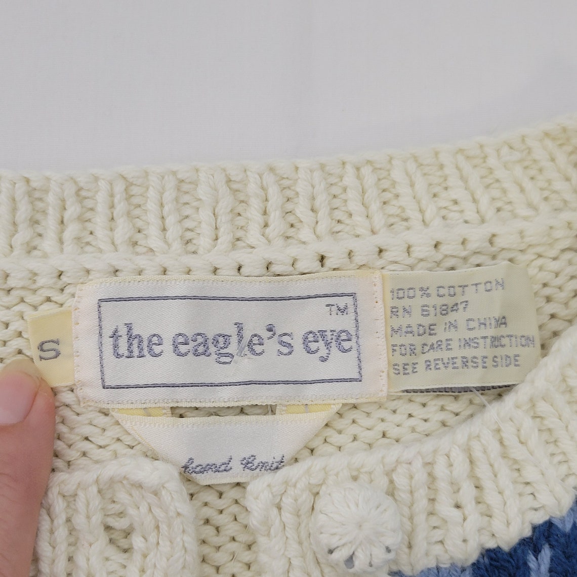 Vintage the Eagle’s Eye Small Floral Blue White Sweater Cardigan Hand ...
