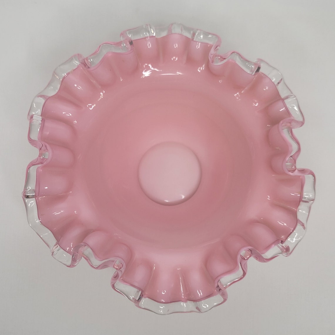 Pair of Vintage Fenton Pink White Cased Glass Ruffled Dish Bowls Peach ...