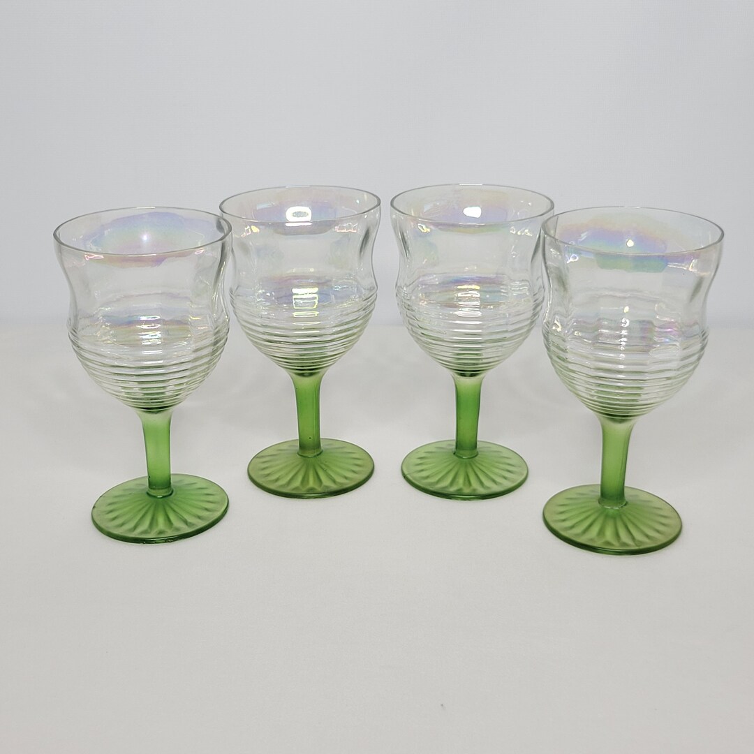 Set of 4 Anchor Hocking Circle Green Iridescent Water Goblets Glasses ...