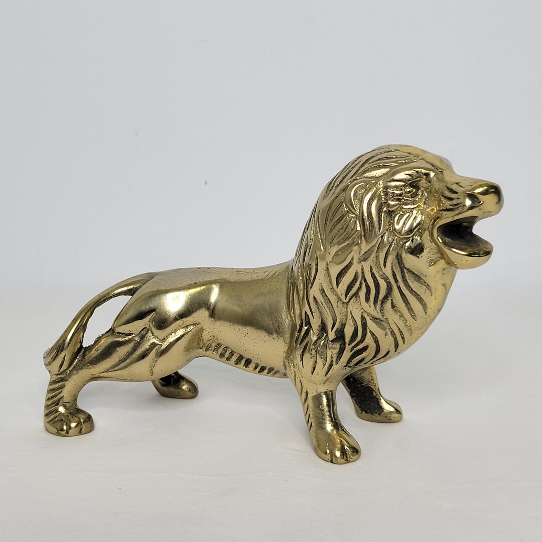 Vintage Solid Brass Large Male Lion Statue 7” Long Figurine Tabletop ...