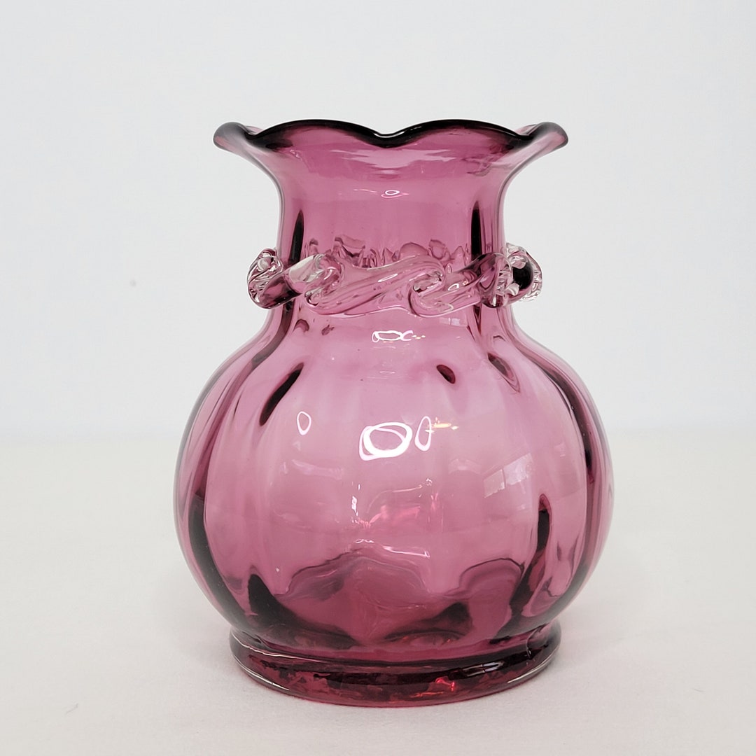 Vintage Pilgrim Cranberry Glass Vase Hand Blown Applied Ribbon Ruffled ...