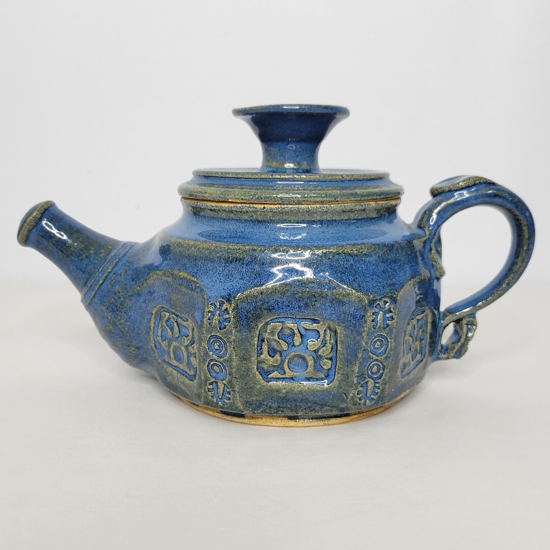 Signed Jim Clark Blue Art Pottery Hexagonal Teapot With Blue ...
