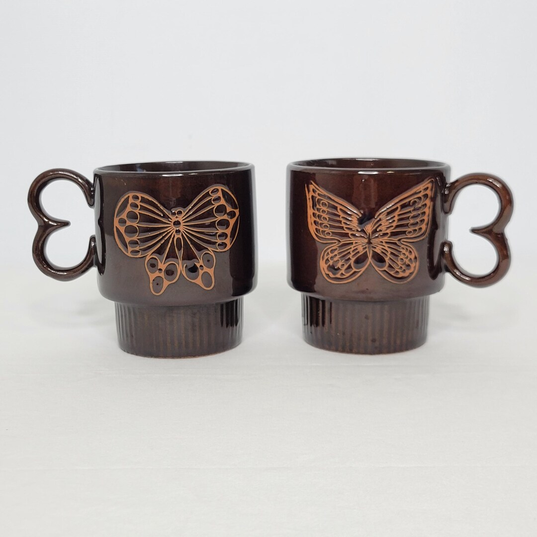 Pair of Redware Stackable 3 3/8" Brown Glazed Butterfly 3 Oz Mugs Cups ...