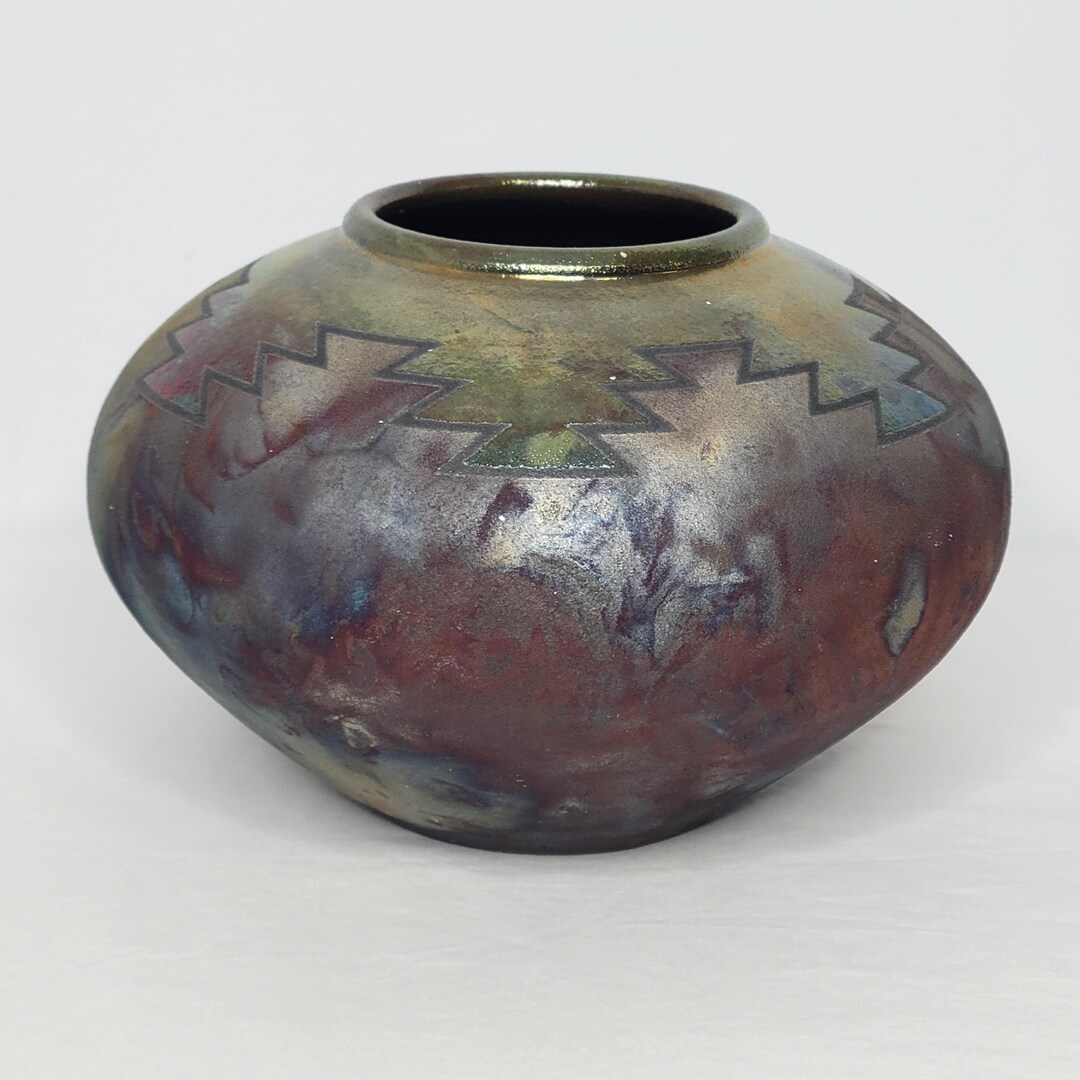 R. Kevin Kelley Studio Art Pottery Raku Iridescent Incised Ceramic Vase ...