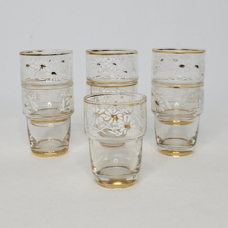 Set of 7 Vintage White Daisy Floral Gold Trim Stackable Shot Glasses - Etsy