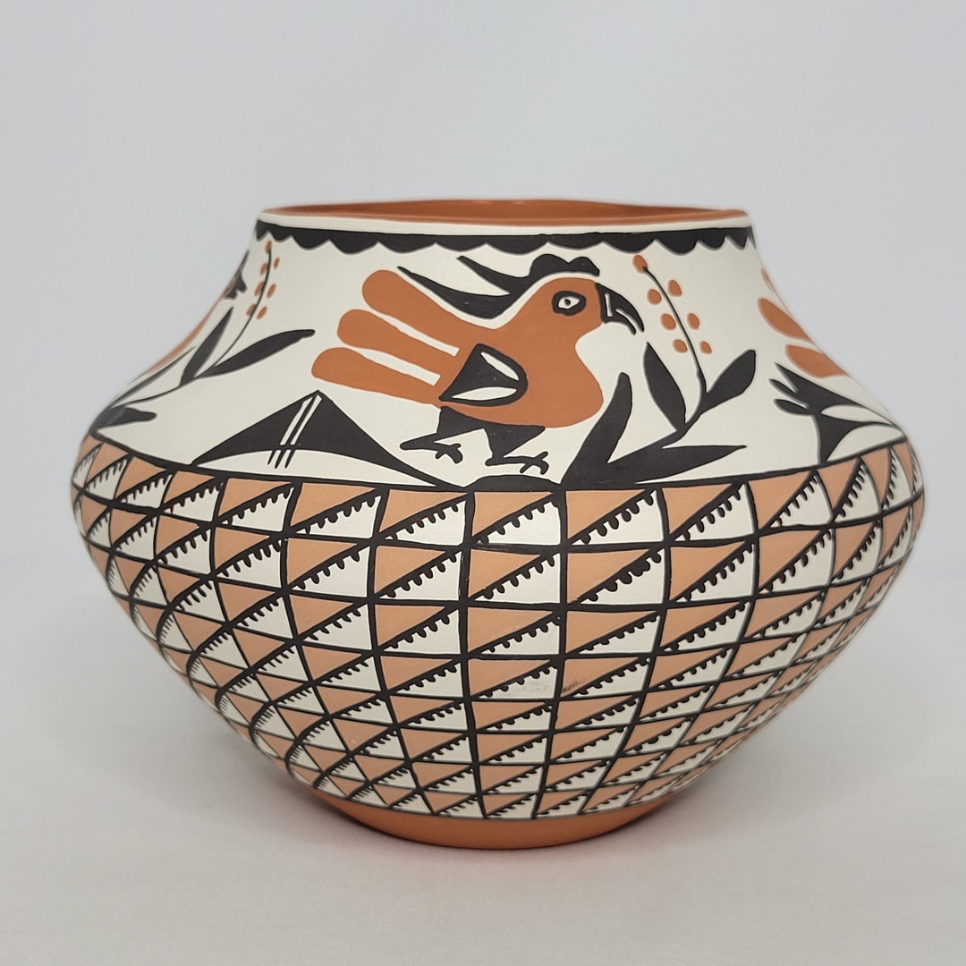 Native American Acoma Art Pottery Hand Painted Bird Pot 5 H X 6.5 W ...