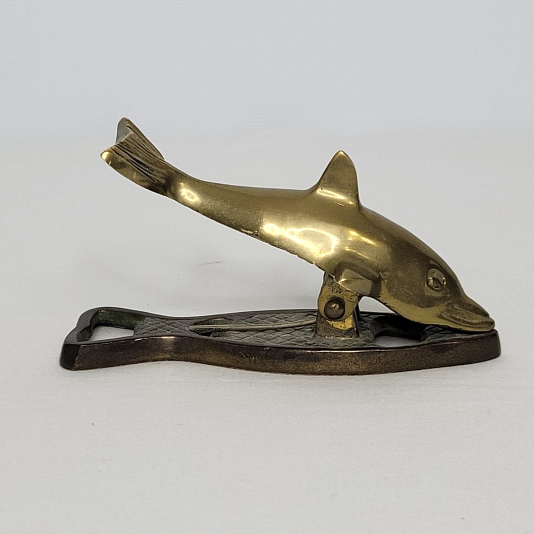 Vintage Brass 4" Dolphin Note Memo Holder Paper Clip Bottle Cap Opener ...