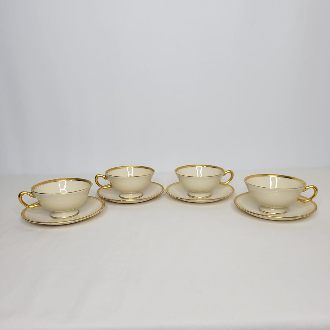 Set of 4 Vintage Lenox Tuxedo Gold Bone China Pedestal Cups and Saucers ...