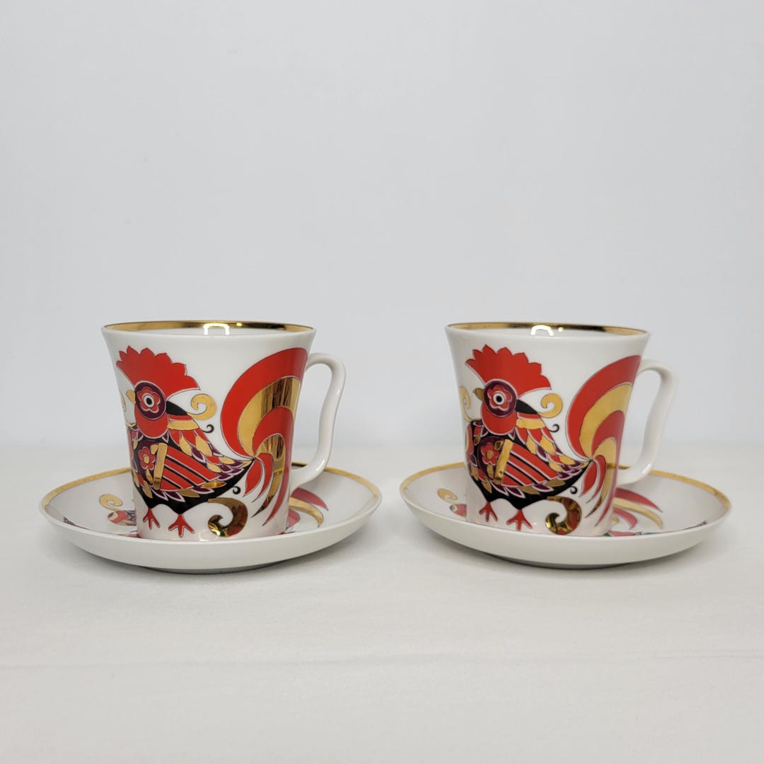 Pair of Vintage Lomonosov Red Rooster Coffee Mug Cups & Saucers - Etsy