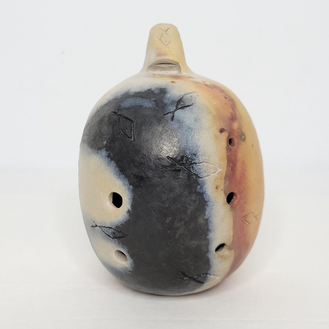 Woolverton Pottery 4" Ocaraina Whistle Instrument Fish Turtle Etched ...