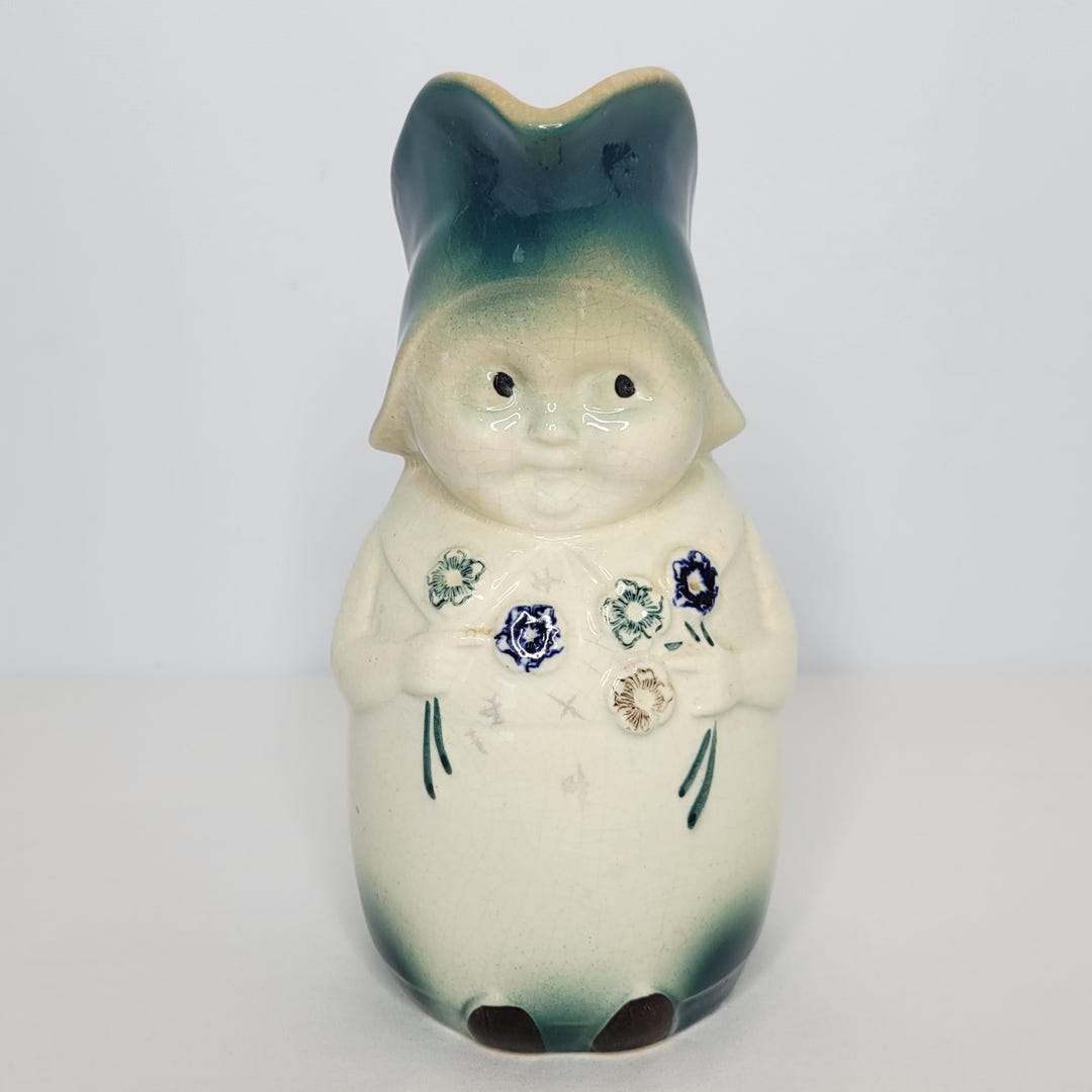 Vintage Blue Ridge Betsy Pottery White Green Dutch Girl Pitcher Flowers ...