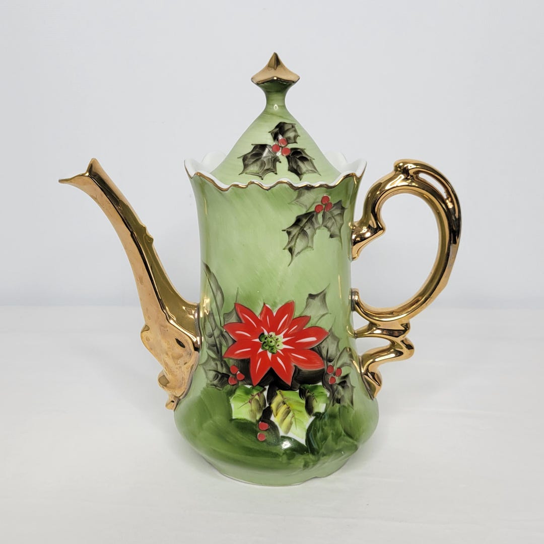 Vintage Lefton Green Gold Hand Painted Poinsettia Coffee Pot 4383 W Lid ...