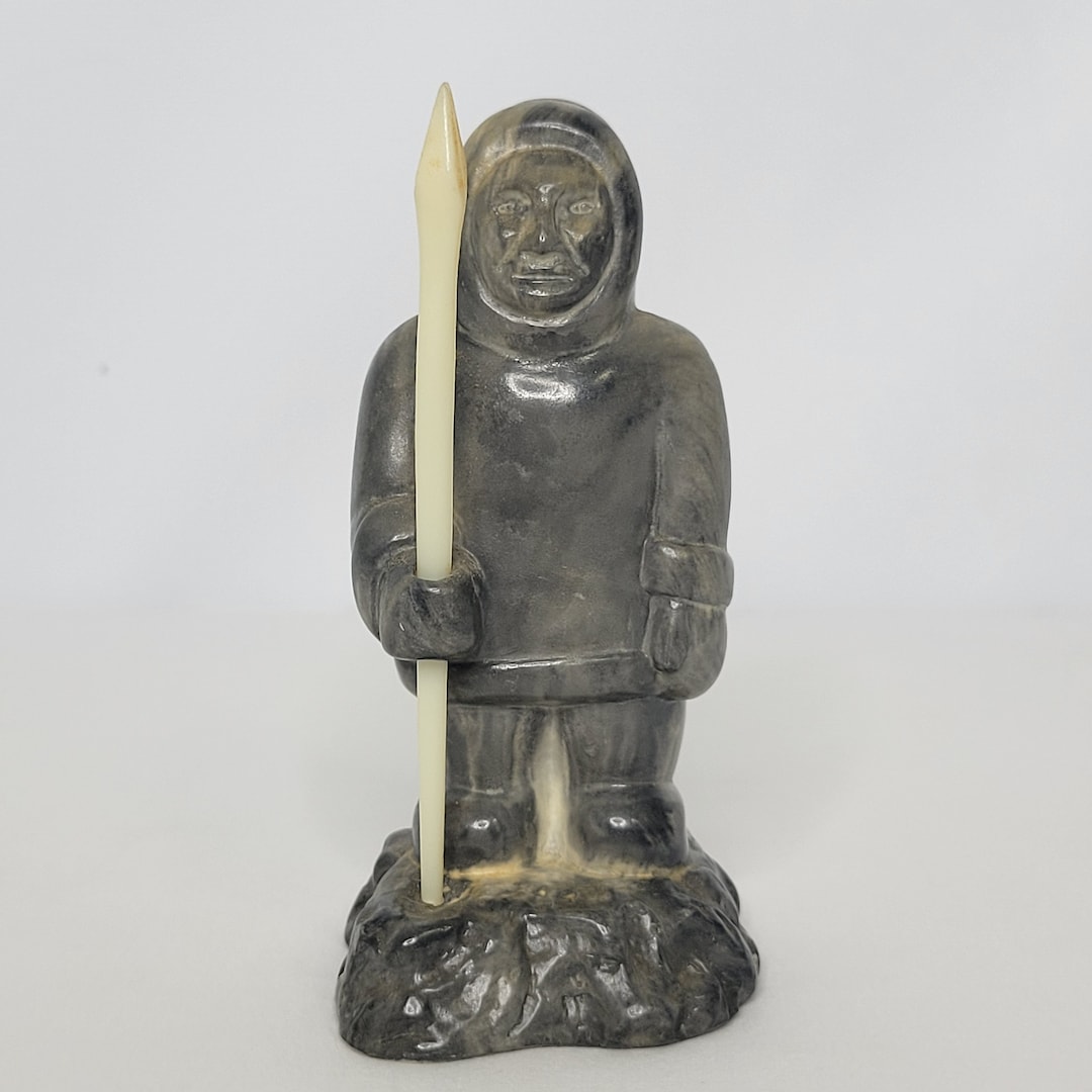 Inuit Eskimo Soapstone Hand Carved Figure Sculpture Man With Spear ...
