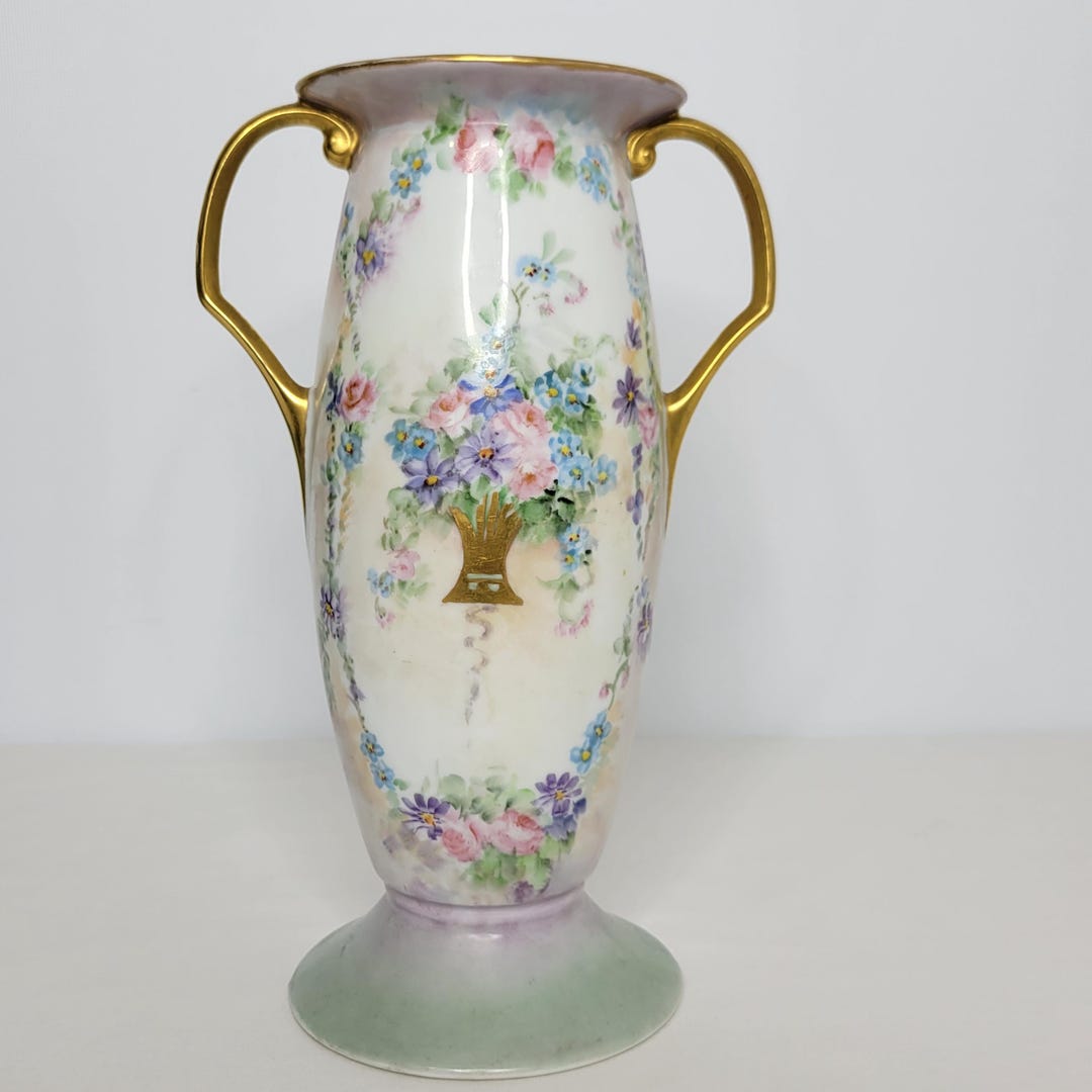 Antique German Porcelain Vase Hand Painted Florals Double Gold Handle ...