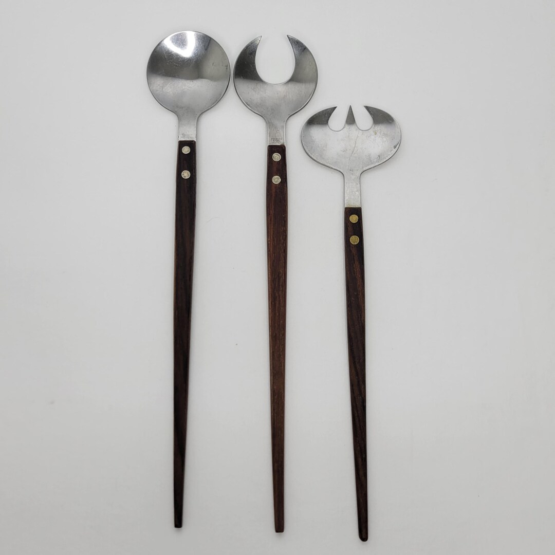 3 Piece Vintage MCM Nevco Salad Serving Set Spoons Stainless Wood ...