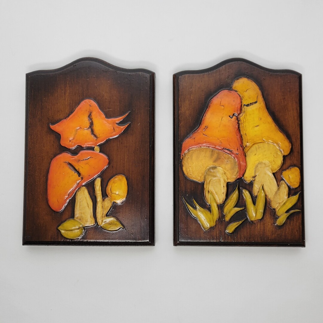 Vintage Pair of Hand Painted Mushroom Wooden Wall Hamging Plaques 8 L X ...