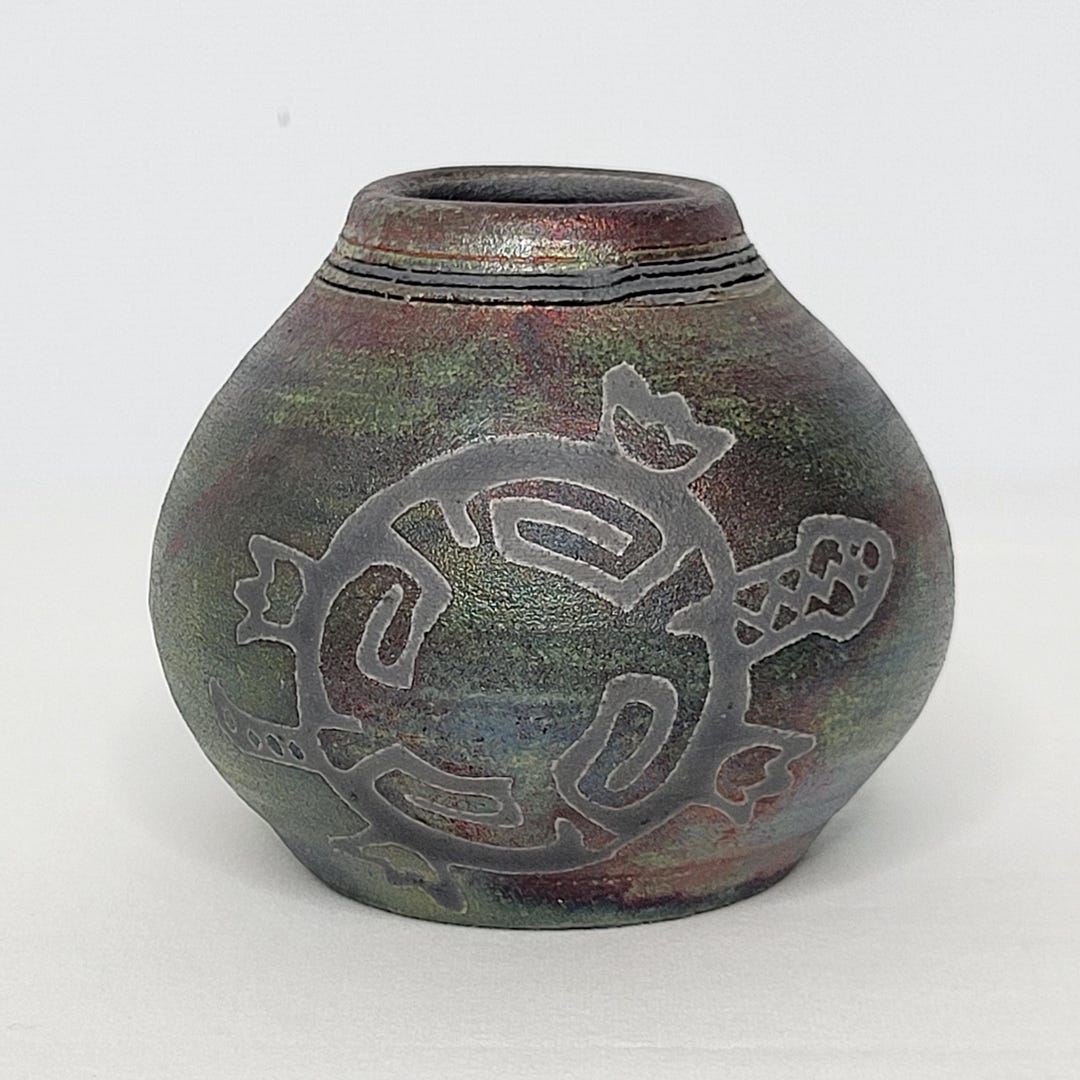 J Diller Raku Art Pottery Miniature 3" Jar Pot Turtle Signed Art ...