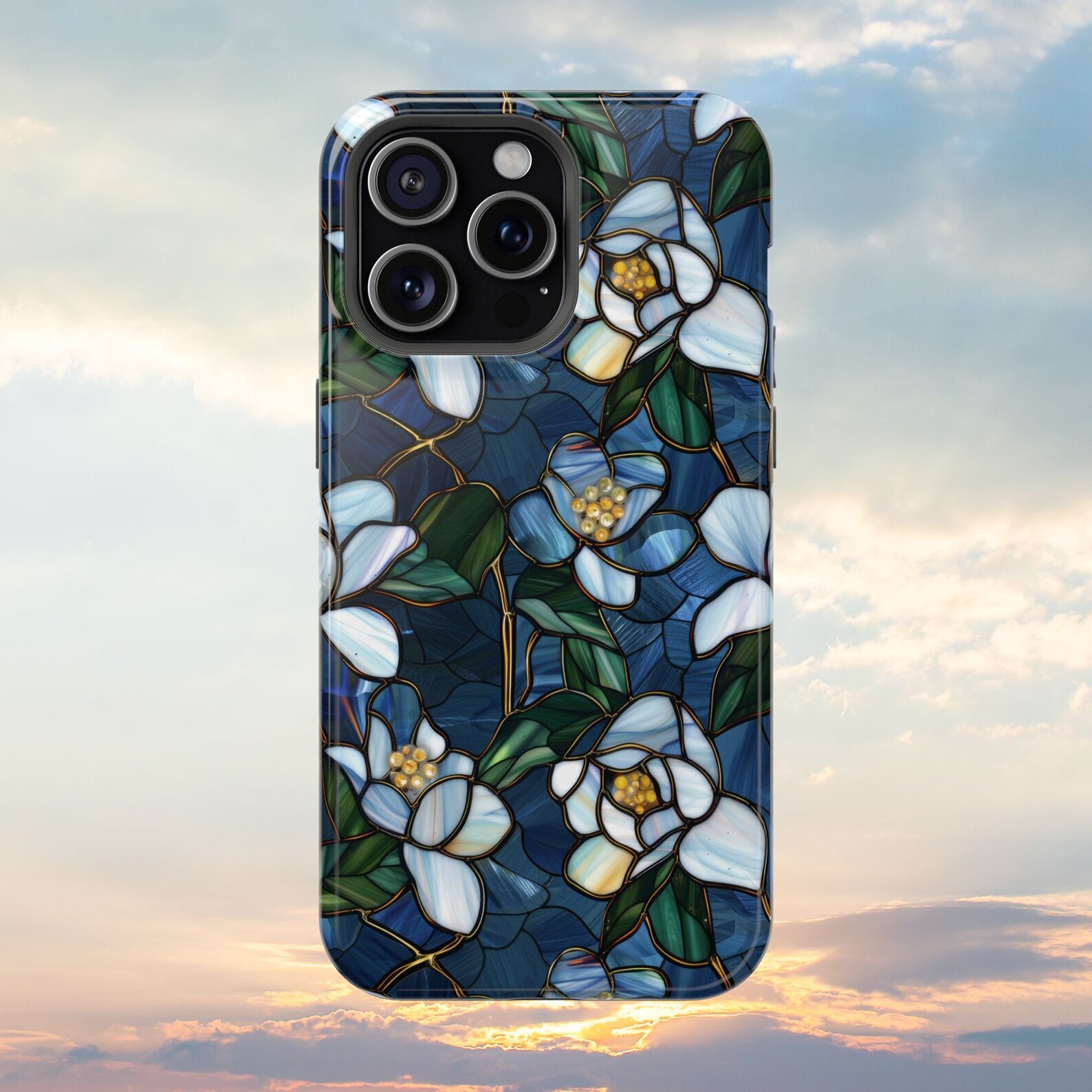 Blue Floral Stained Glass Magsafe iPhone Case, iPhone 13 14 15 Mini Pro ...