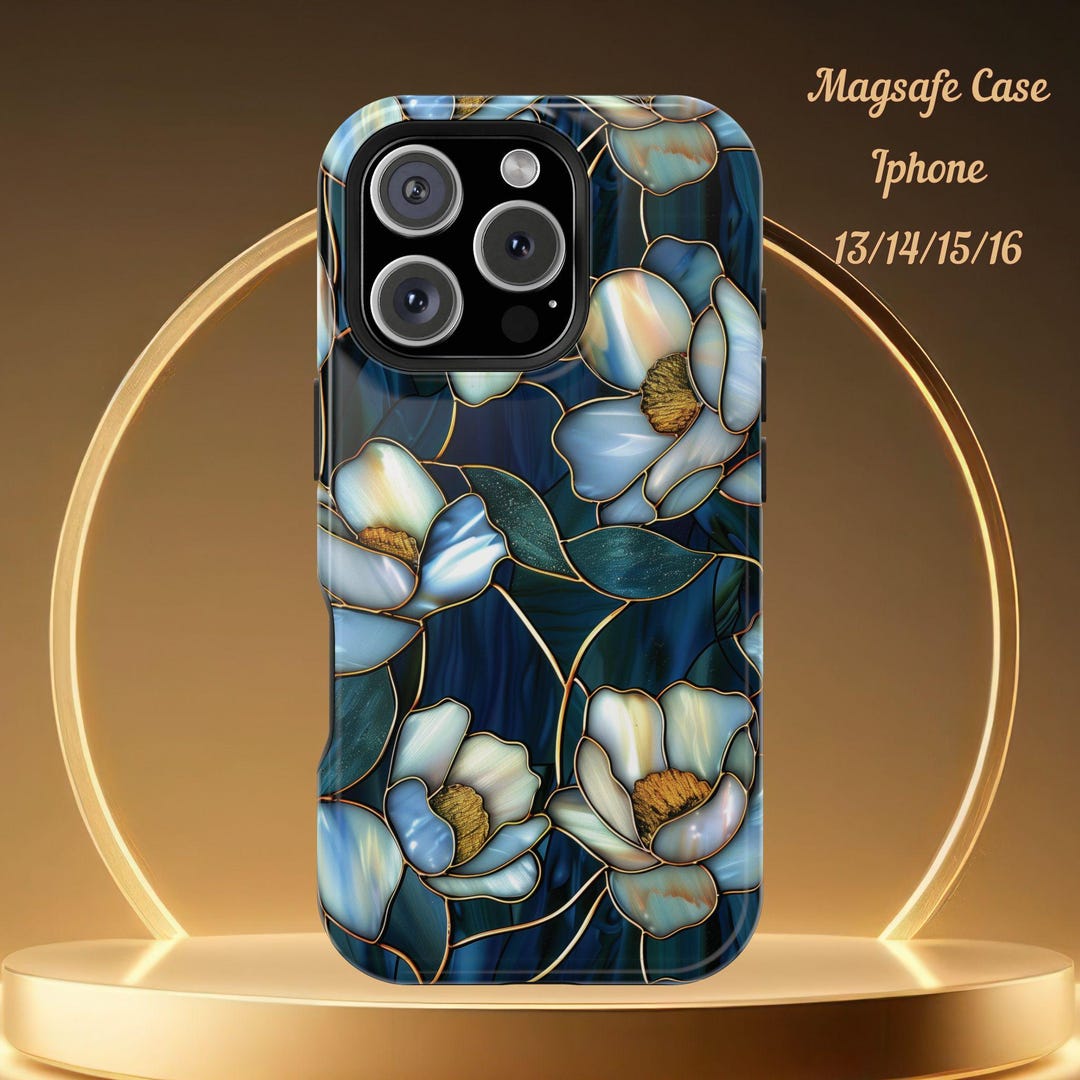 Pretty Stained Glass White Flowers Phone Case, Magsafe iPhone 16 15 14 ...