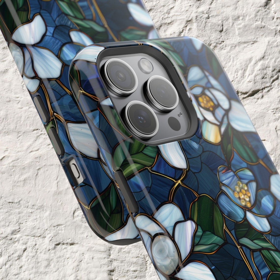 Blue Floral Stained Glass Magsafe iPhone Case, iPhone 13 14 15 Mini Pro ...