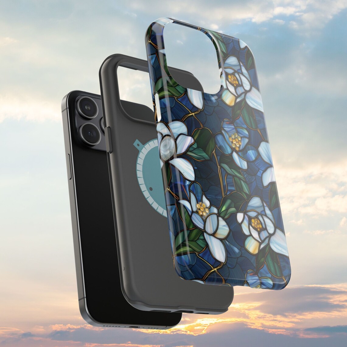Blue Floral Stained Glass Magsafe iPhone Case, iPhone 13 14 15 Mini Pro ...
