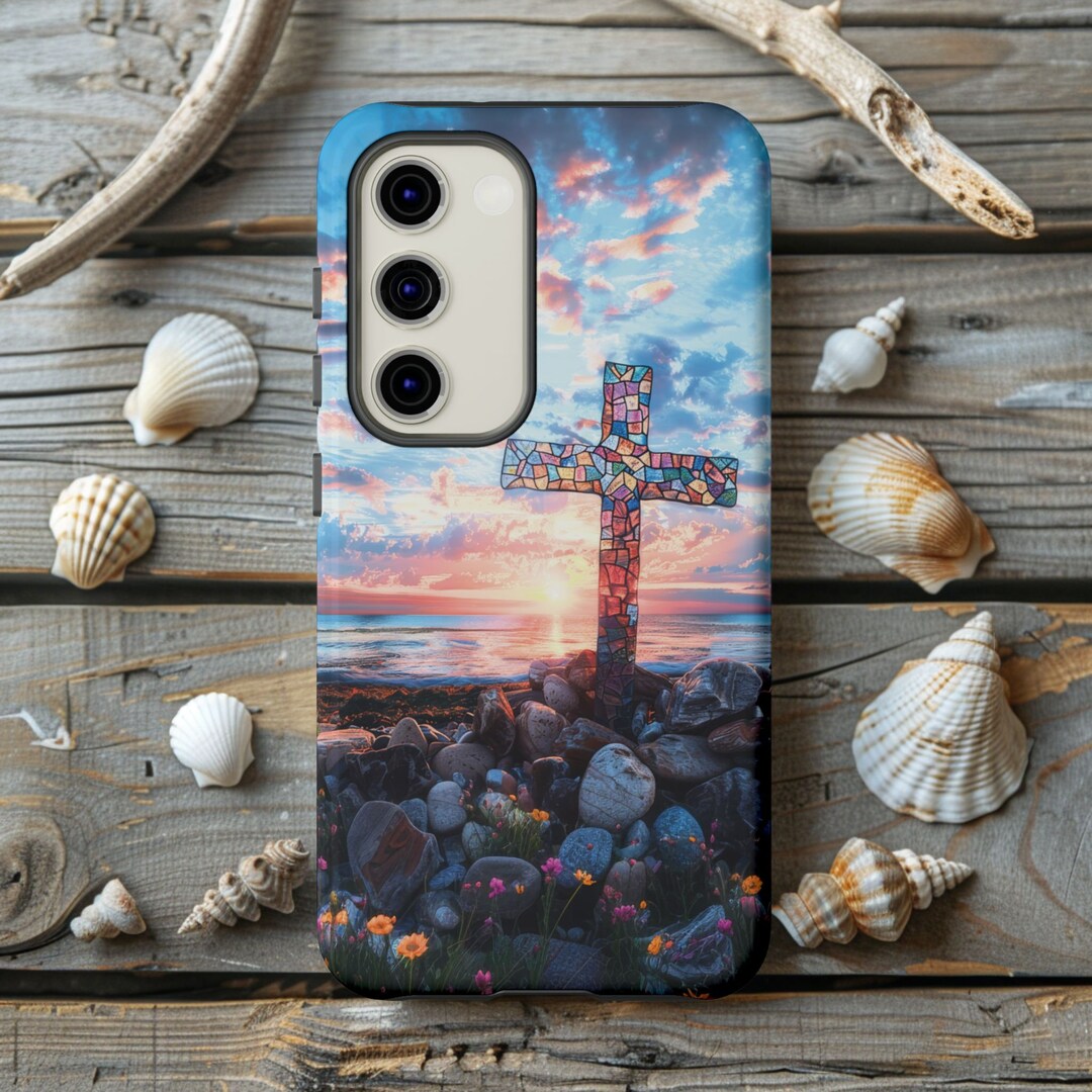 Sunset Stained Glass Cross Phone Case, Sunrise Beach Phone Case for ...