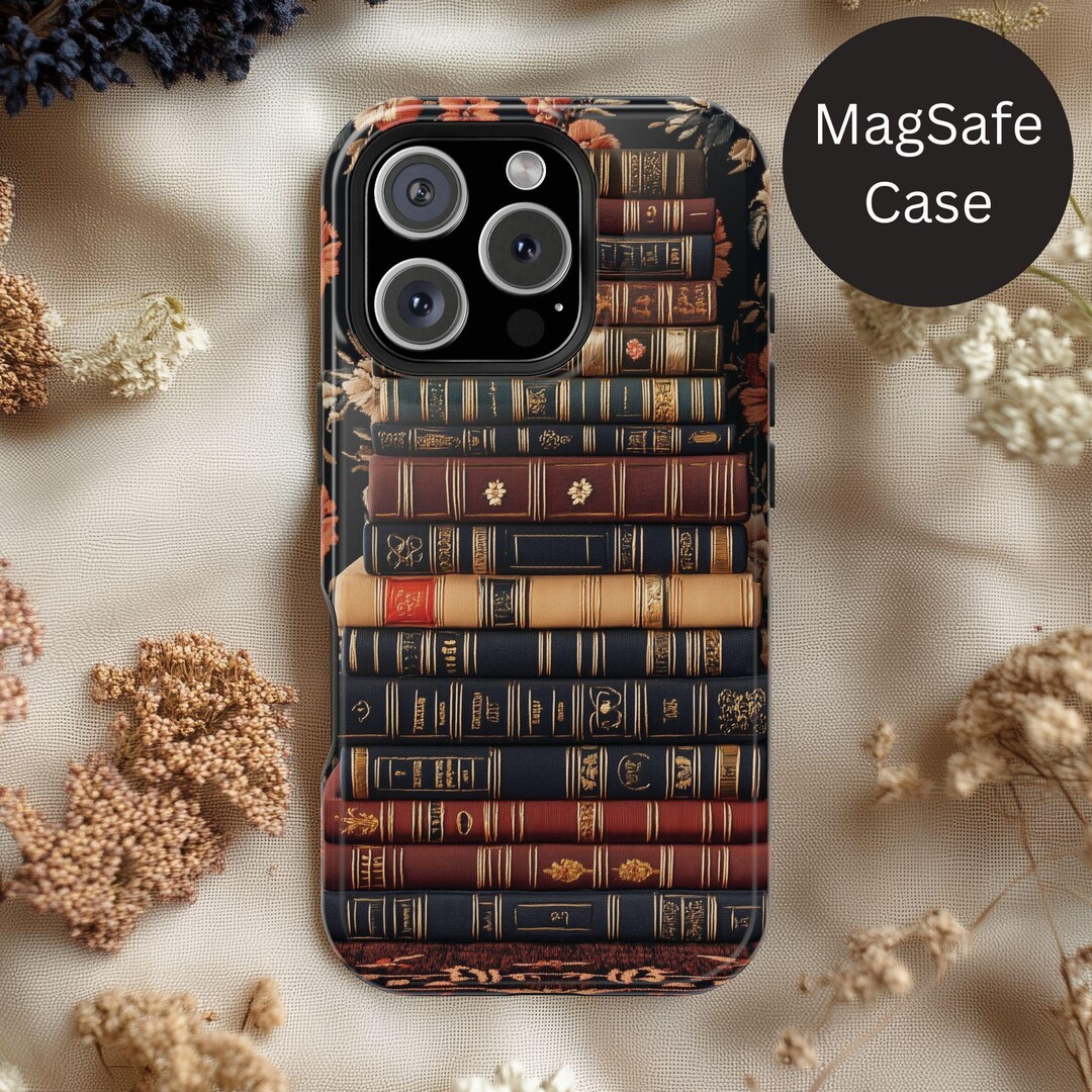 Dark Academia Bookish Magsafe iPhone Case, Book Stack iPhone 16 15 14 12 Mini Pro Max Plus ...
