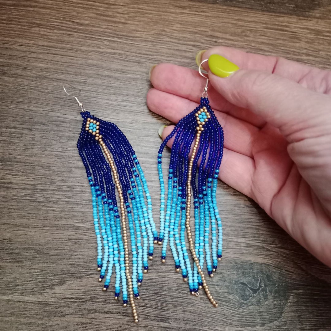 Royal Blue Gold Beaded Earrings Fringe Navy Blue Turquoise Beadwork ...