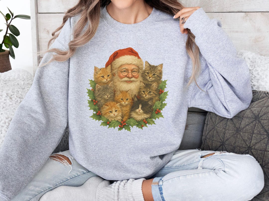 Retro Santa Sweatshirt With Kittens, Christmas Cat Sweatshirt, Santa ...