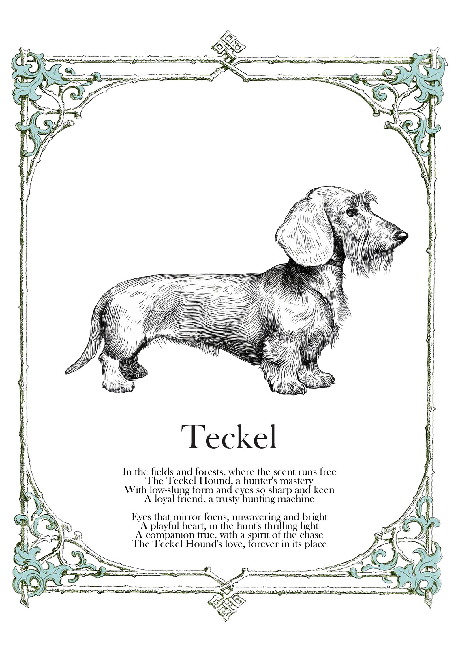 Vintage Style Teckel Print, Illustrated Dog Poem, Antique Style Wire ...