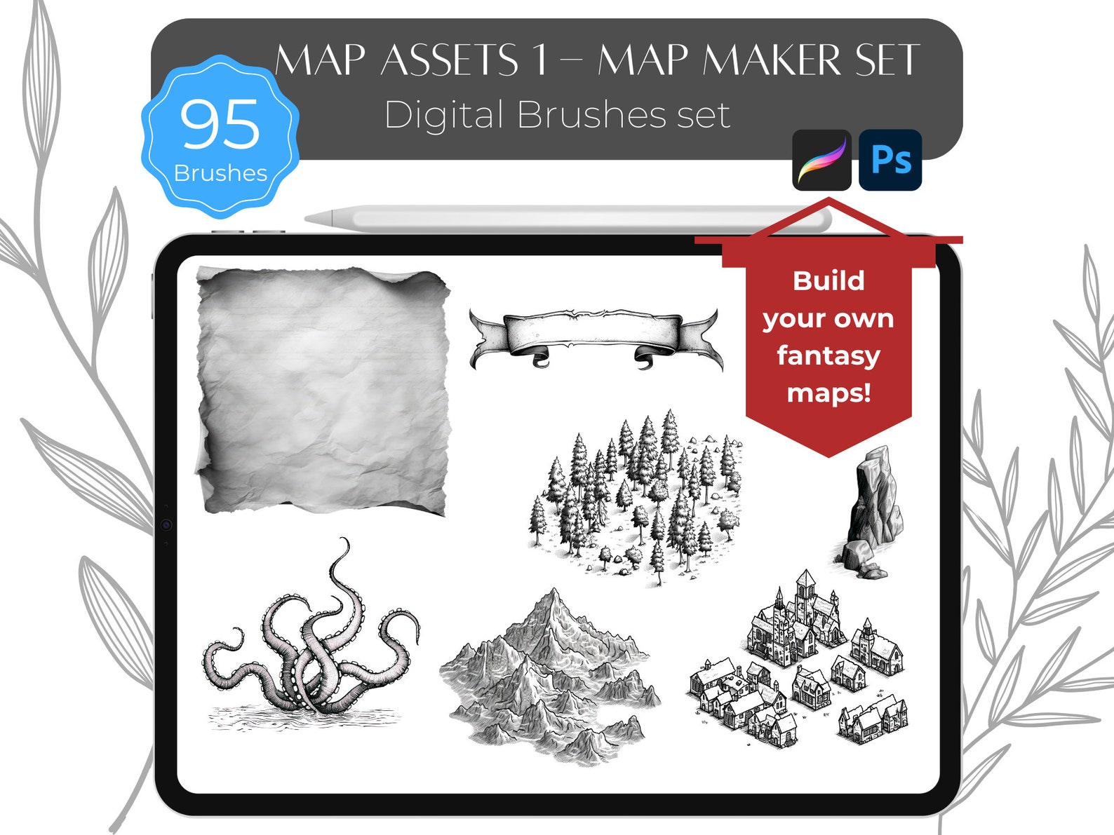 Map Assets 1 - Digital Brushes Set for Procreate and Photoshop - Etsy
