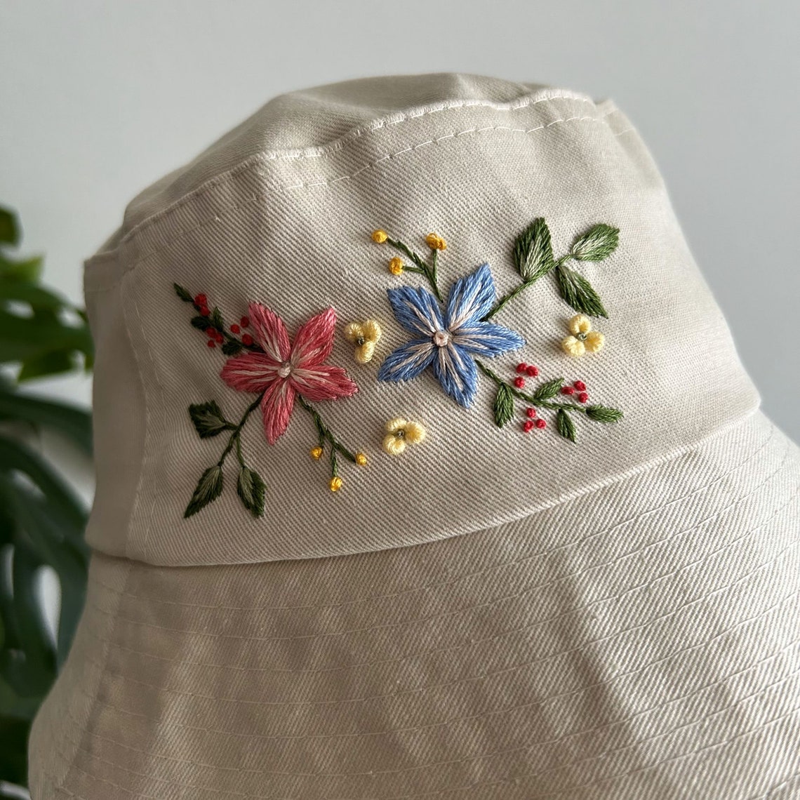 Beige Bucket Hat,hand Embroidered Bucket Hat,custom Embroidered Bucket ...