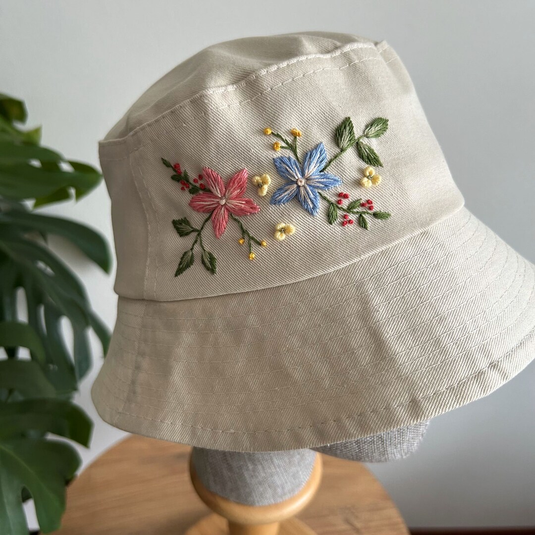 Beige Bucket Hat,hand Embroidered Bucket Hat,custom Embroidered Bucket ...