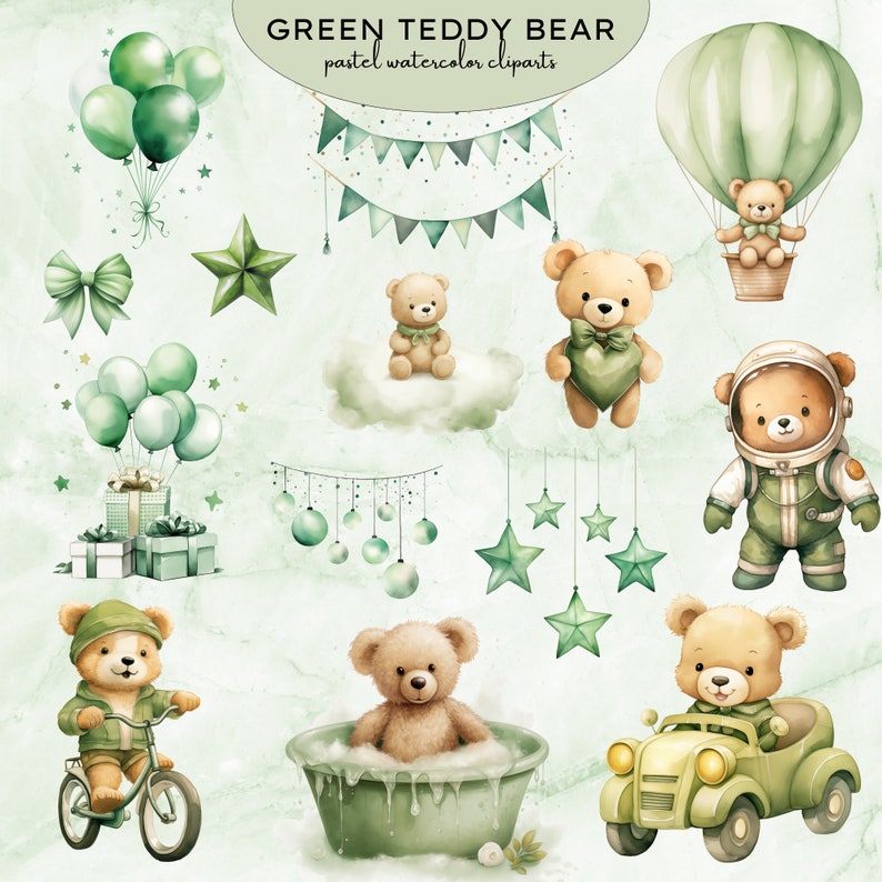 Cute Green Teddy Bear Clipart, Watercolor Teddy Bear PNG, Hot Air ...