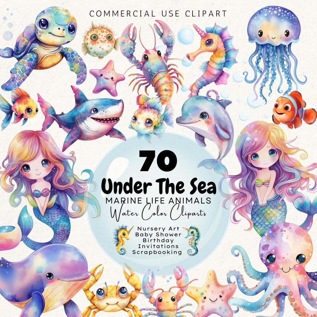 Under the Sea Clipart Bundle, Watercolor Marine Life Animals, Ocean ...