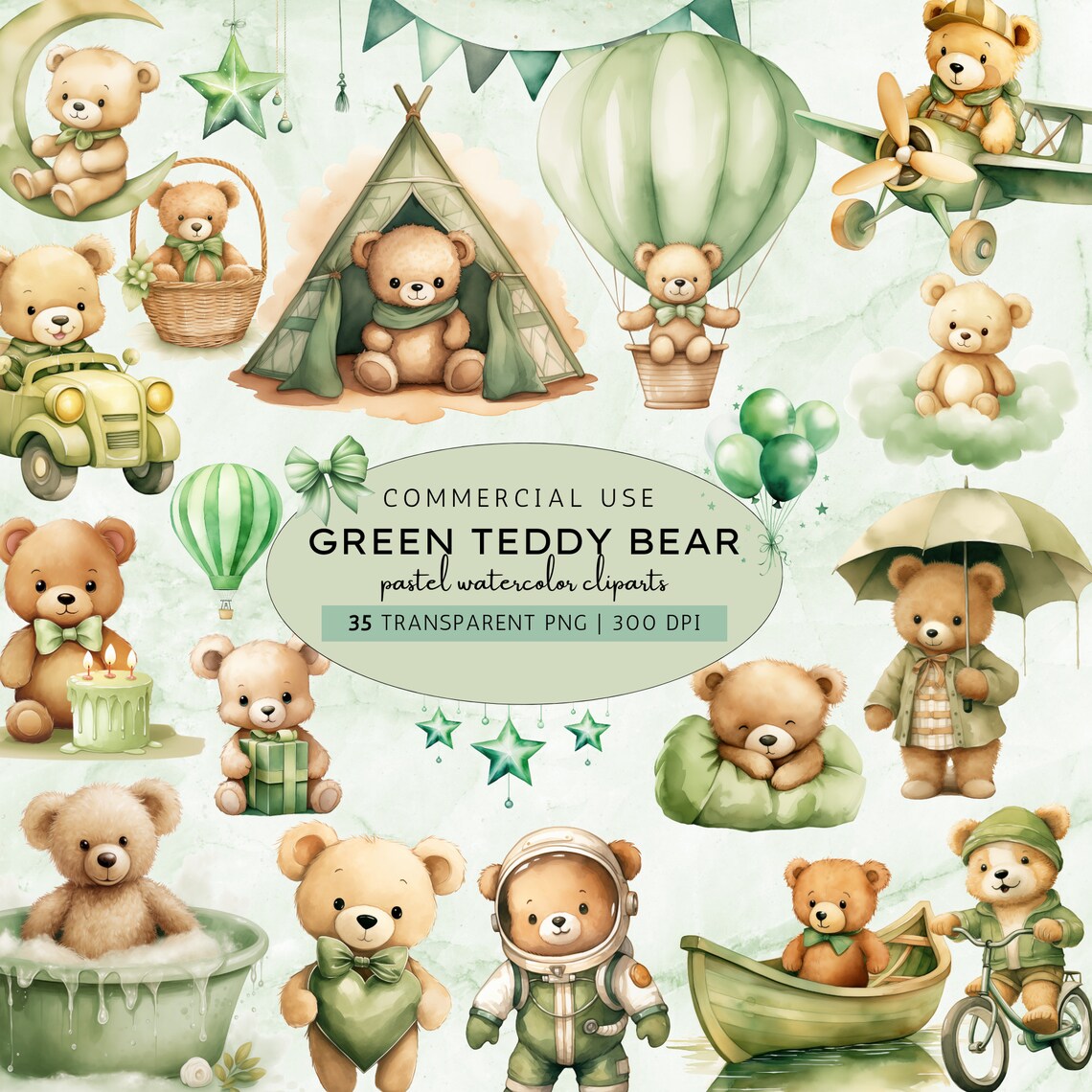 Cute Green Teddy Bear Clipart, Watercolor Teddy Bear PNG, Hot Air ...