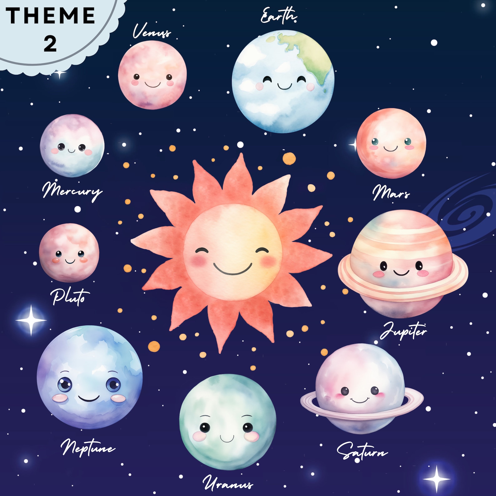 Cute Solar System Planets Space Cliparts, Pastel Watercolor PNG, Kawaii ...