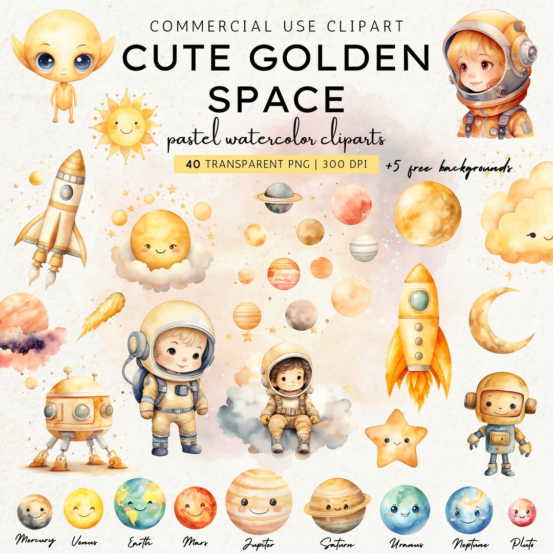 Cute Pastel Watercolor Golden Space Clipart Bundle, Astronaut Nursery ...