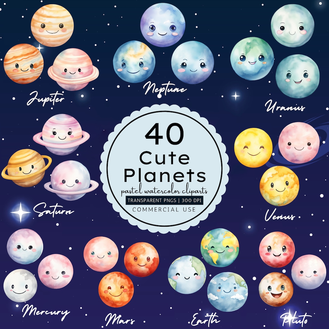 Cute Solar System Planets Space Cliparts, Pastel Watercolor PNG, Kawaii ...