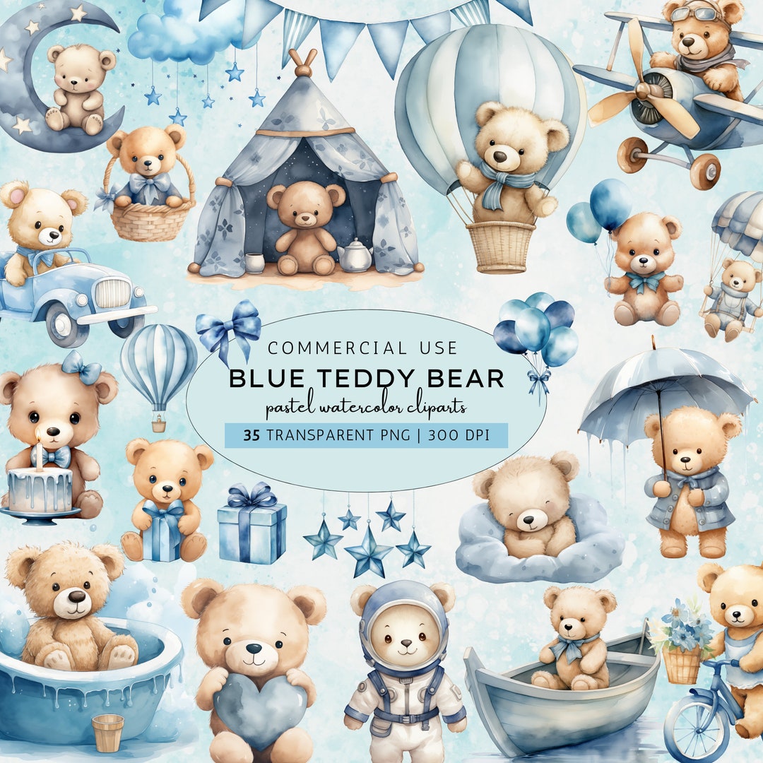 Cute Blue Teddy Bear Clipart, Watercolor Teddy Bear PNG, Hot Air ...